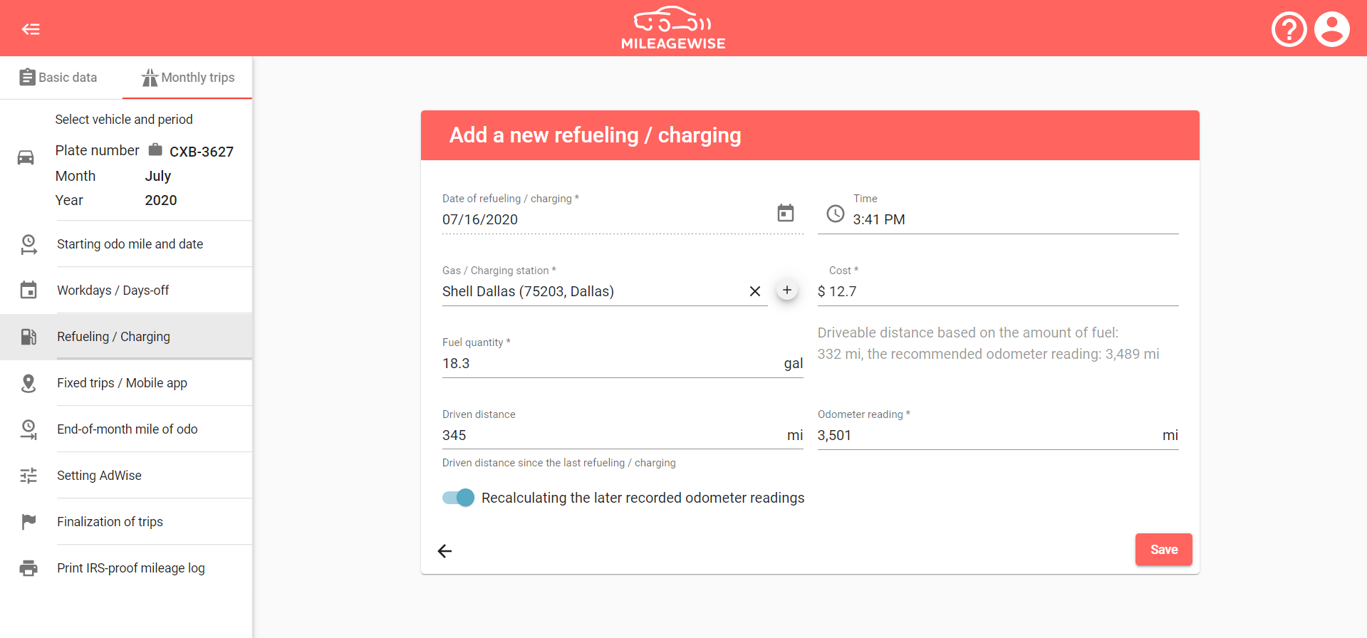 How to add a new refueling / charging - Step by step - MileageWise Help