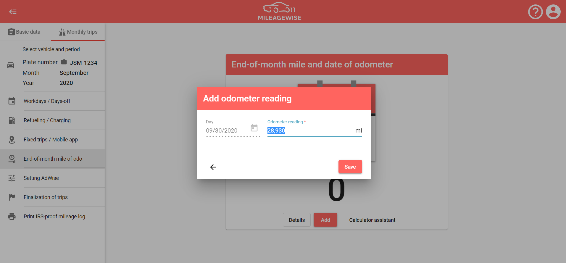 How to add a new end-of-month odometer reading - MileageWise Help