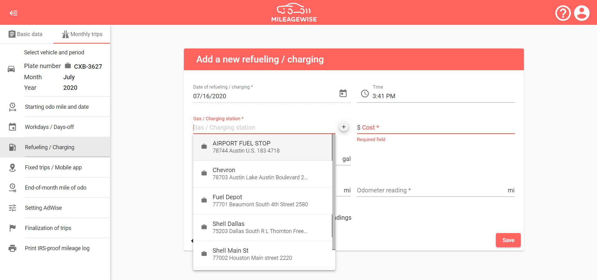 How to add a new refueling / charging - Step by step - MileageWise Help