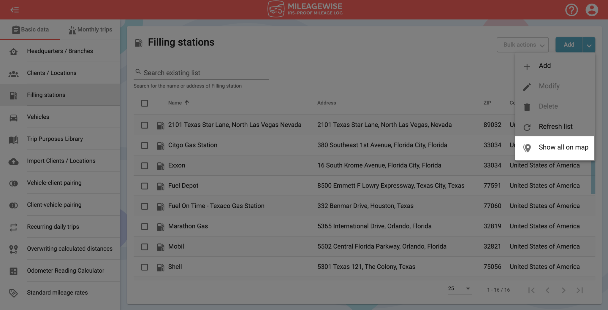 How to display your Filling stations - MileageWise Help