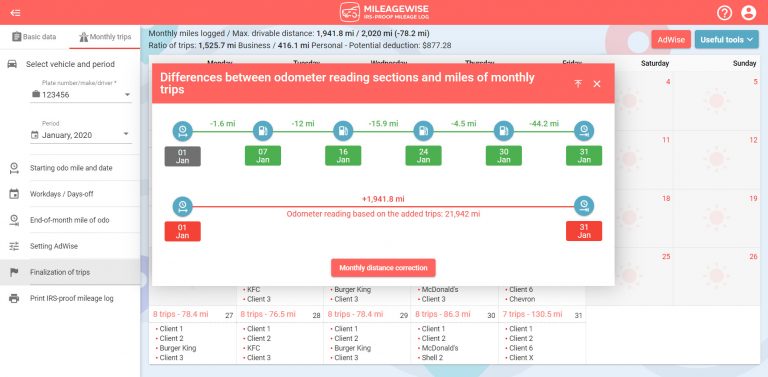 How to use MileageWise's Odometer Reading Sections tool