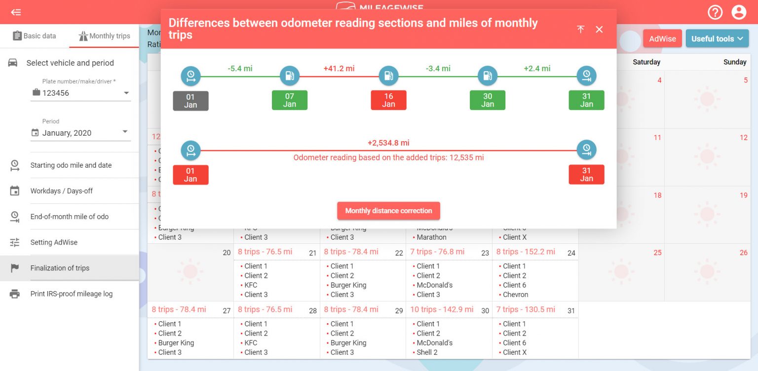 How to use MileageWise's Odometer Reading Sections tool
