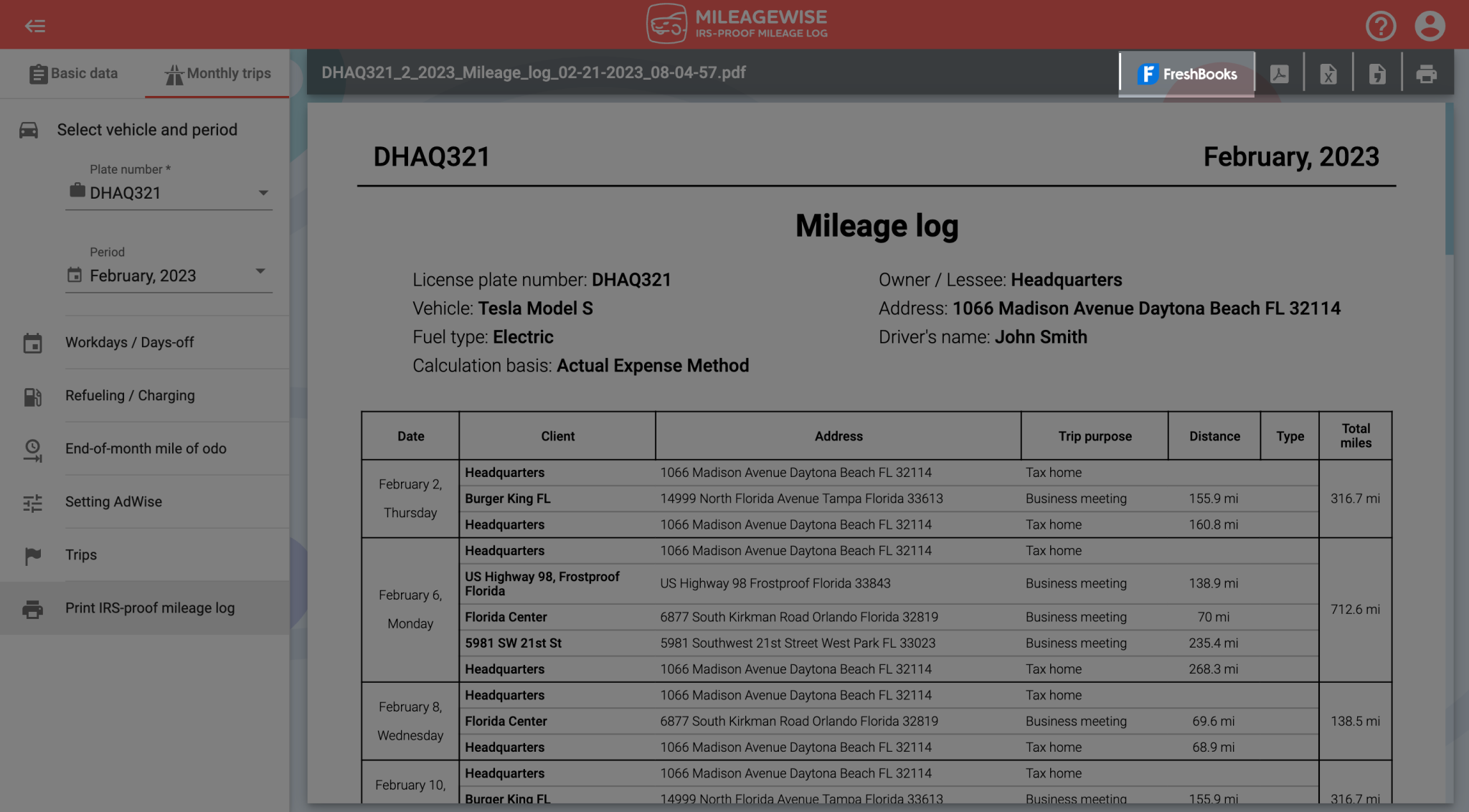 FreshBooks Integration - MileageWise
